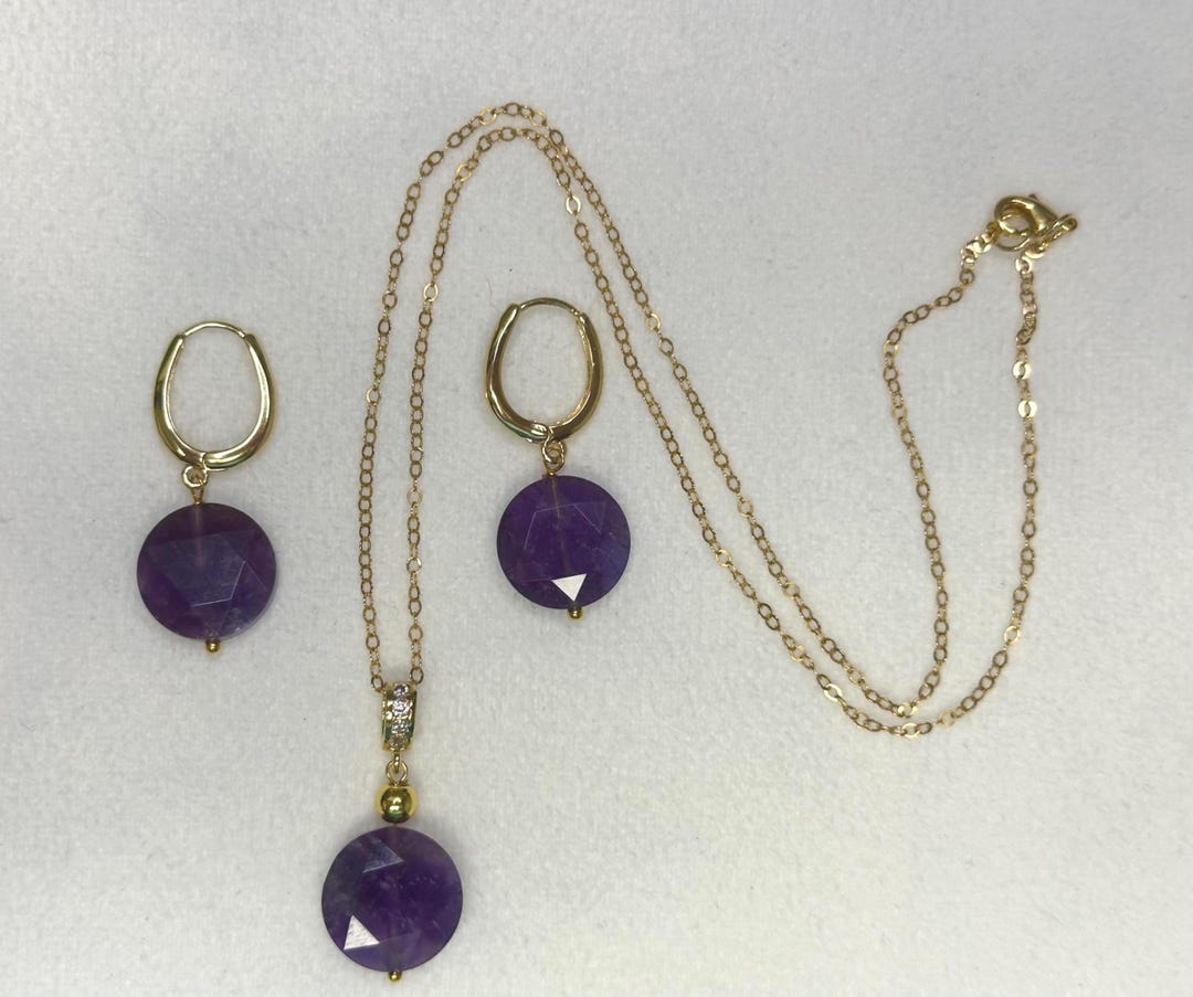Amethyst Coin Jewelry Set, Pendant Necklace and Dangle Earrings, Gold ...