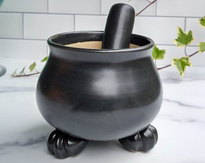 Cauldron Mortar and Pestle With Paw Feet Black Satin Glaze Handmade ...