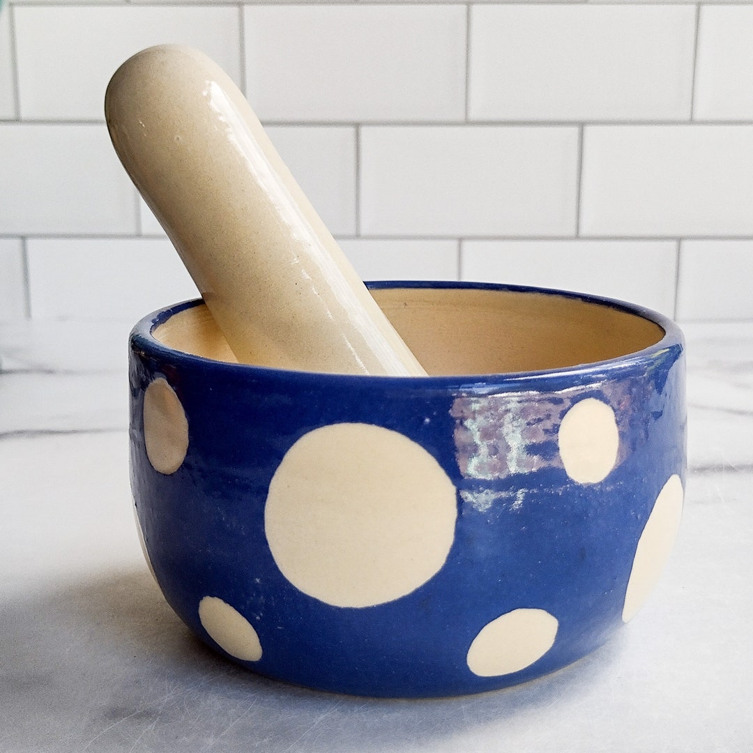 Mortar and Pestle - Blue Mushroom With White Spots - Handmade Stoneware ...