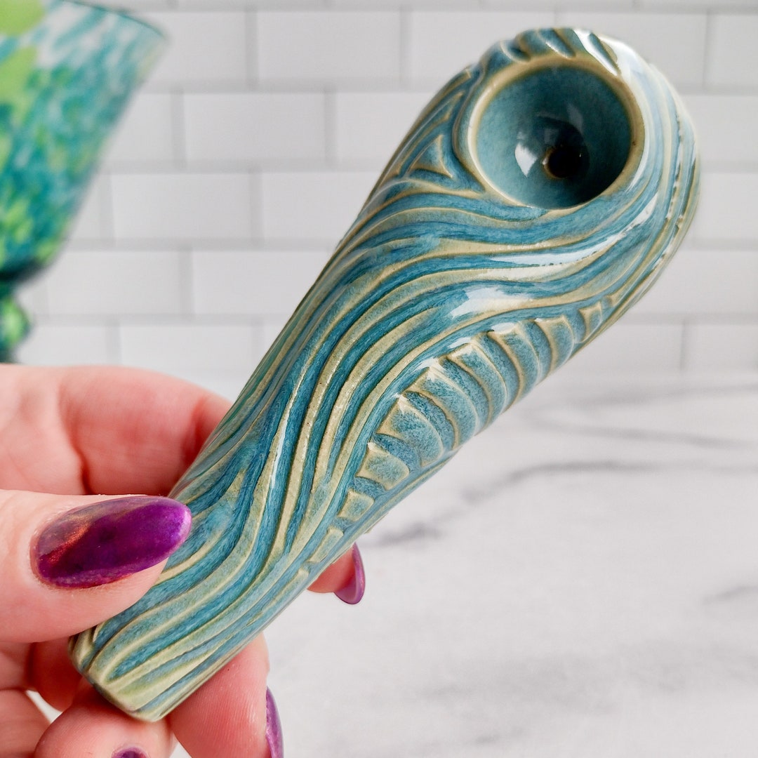 Groovy Textured Ceramic Smoking Pipe With Caribbean Blue Glaze ...