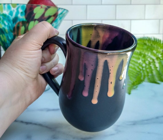 Black Rainbow Mug Color Drips on Black Satin Glaze Handmade - Etsy