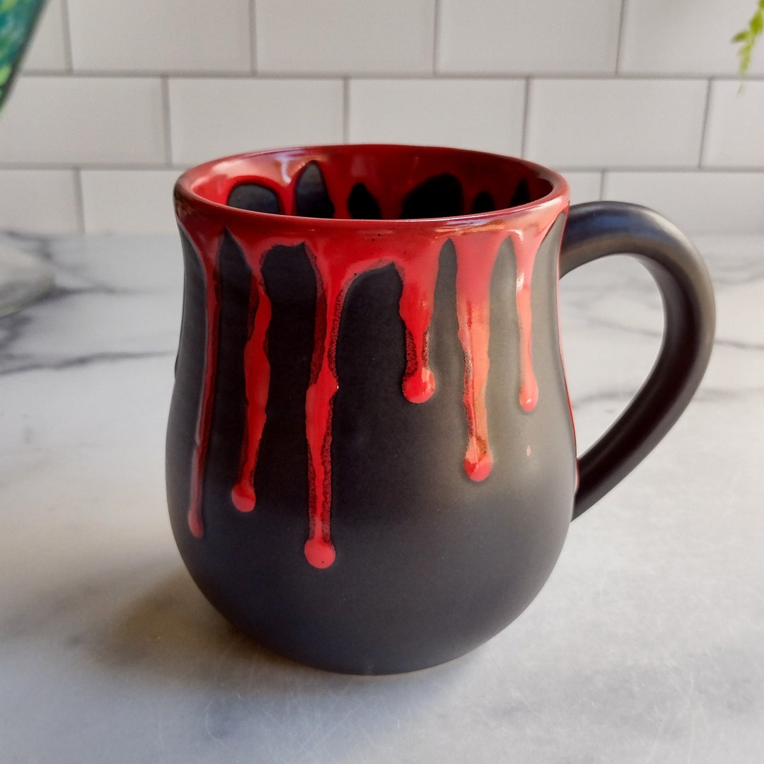 Vampire Mug, Blood Red Drip on Black Satin Glaze, Handmade Stoneware ...