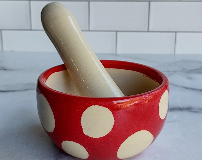 Mortar and Pestle - Red Mushroom White Spots - Handmade Stoneware ...