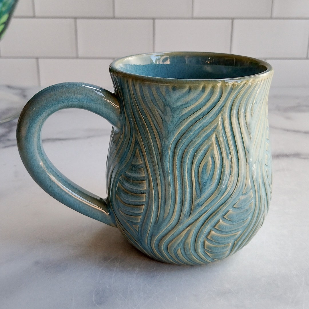 Groovy Ceramic Mug With Caribbean Blue Glaze Hand Carved Handmade ...