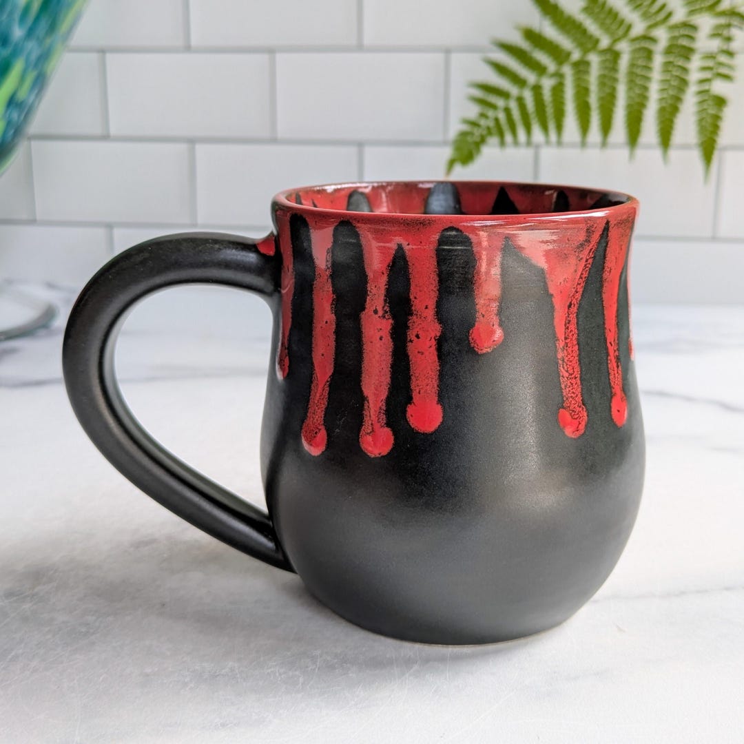 Vampire Mug, Blood Red Drip on Black Satin Glaze, Handmade Stoneware ...