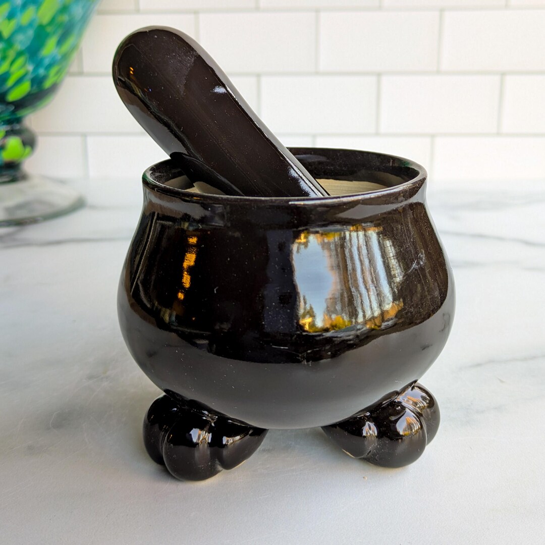Cauldron Mortar and Pestle With Paw Feet - Black Glossy Glaze ...
