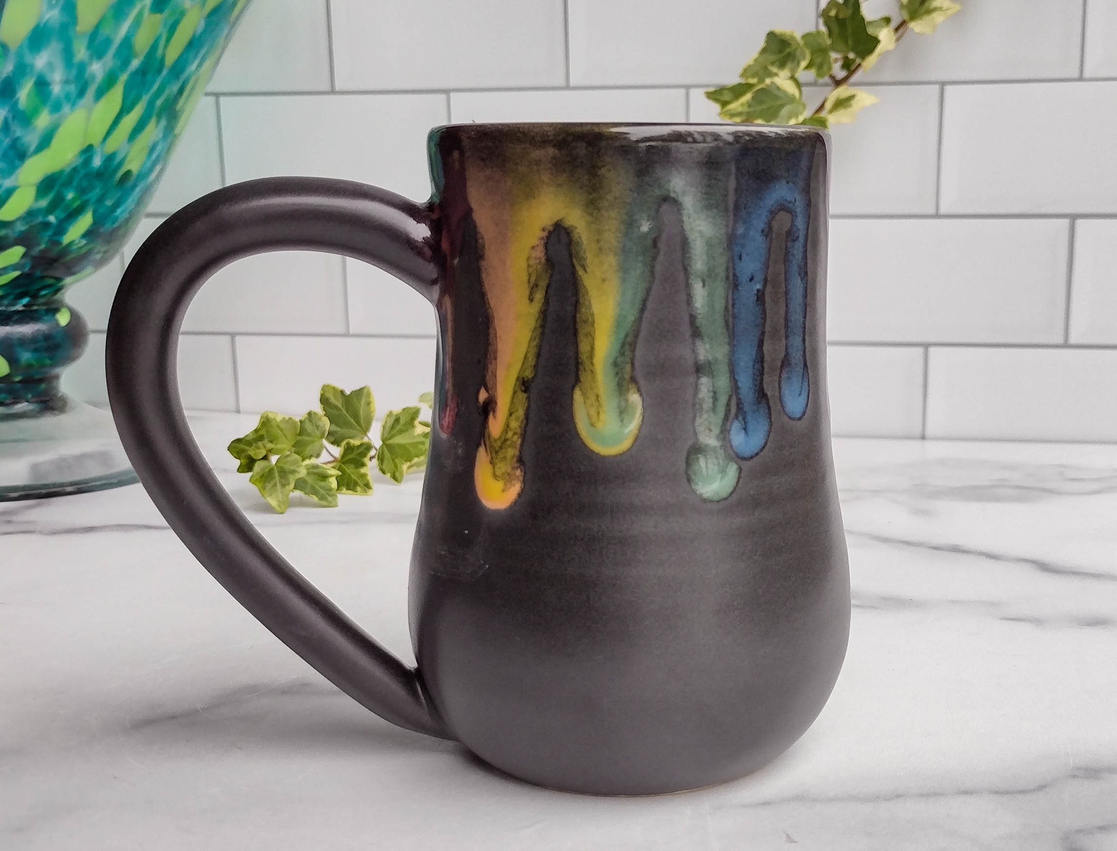 Black Rainbow Mug Color Drips on Black Satin Glaze Handmade - Etsy