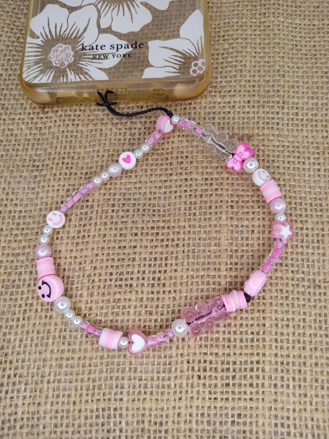 Pink Phone Charm, Candy Bears and Smiley Faces Beaded Charm, Preppy ...