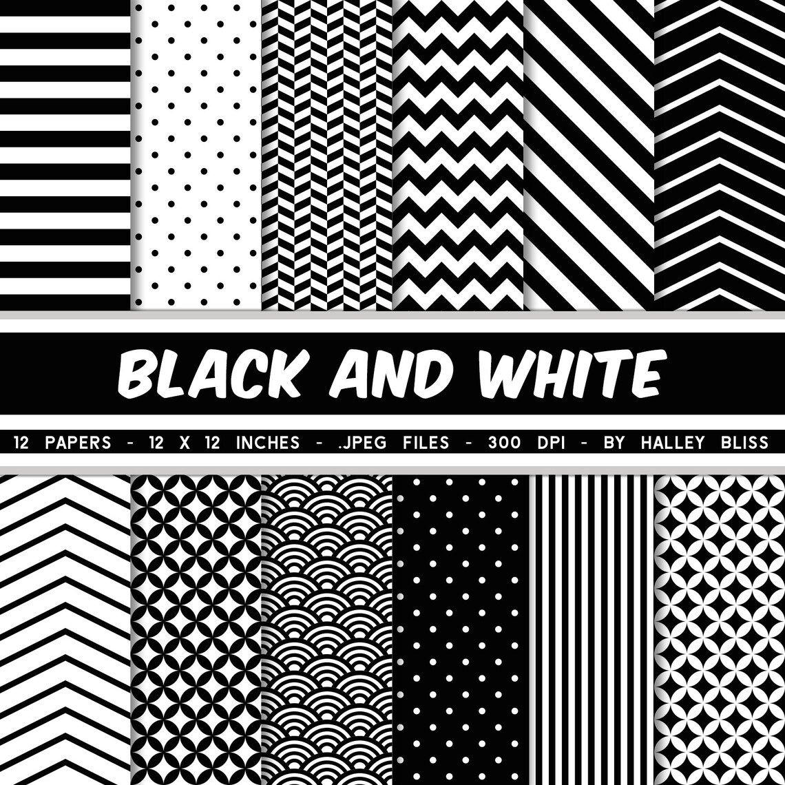 Black and White Digital Paper, Black Digital Pattern Pack, Black Stripe ...