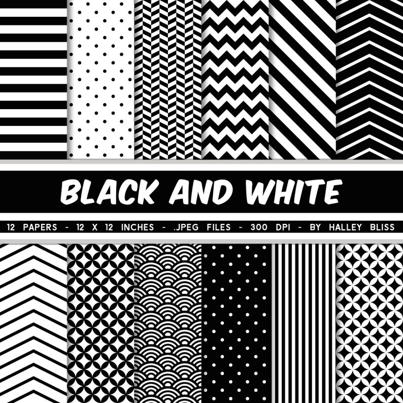 Black and White Digital Paper, Black Digital Pattern Pack, Black Stripe ...