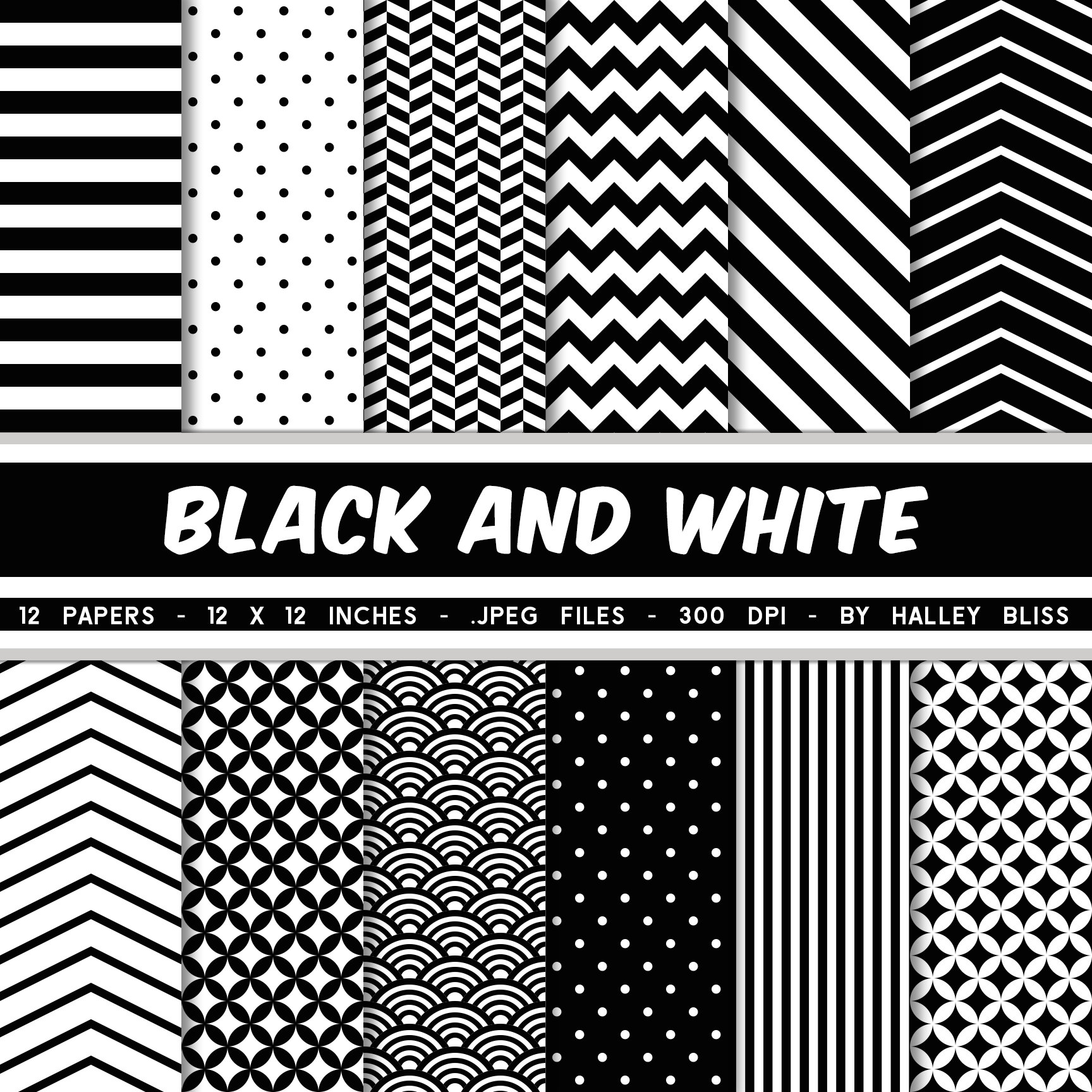 Black and White Digital Paper, Black Digital Pattern Pack, Black Stripe ...