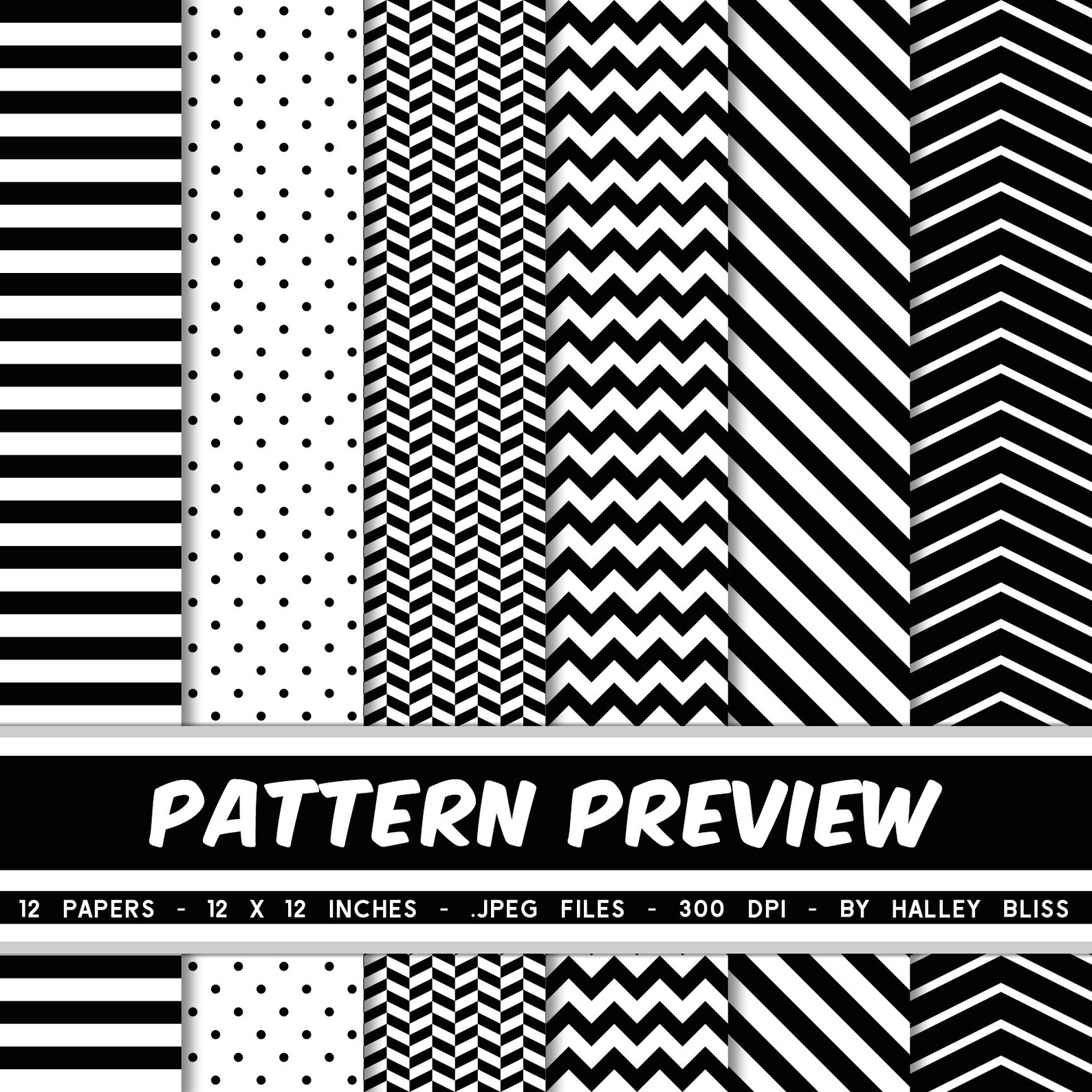 Black and White Digital Paper, Black Digital Pattern Pack, Black Stripe ...