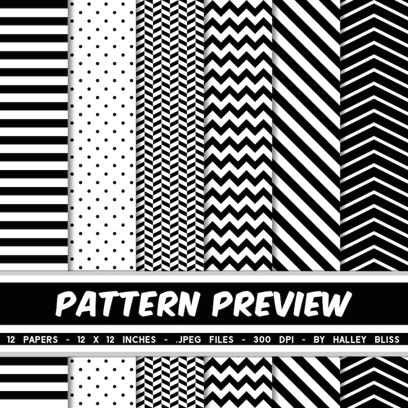 Black and White Digital Paper, Black Digital Pattern Pack, Black Stripe ...
