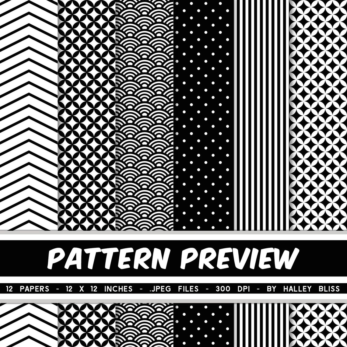 Black and White Digital Paper, Black Digital Pattern Pack, Black Stripe ...