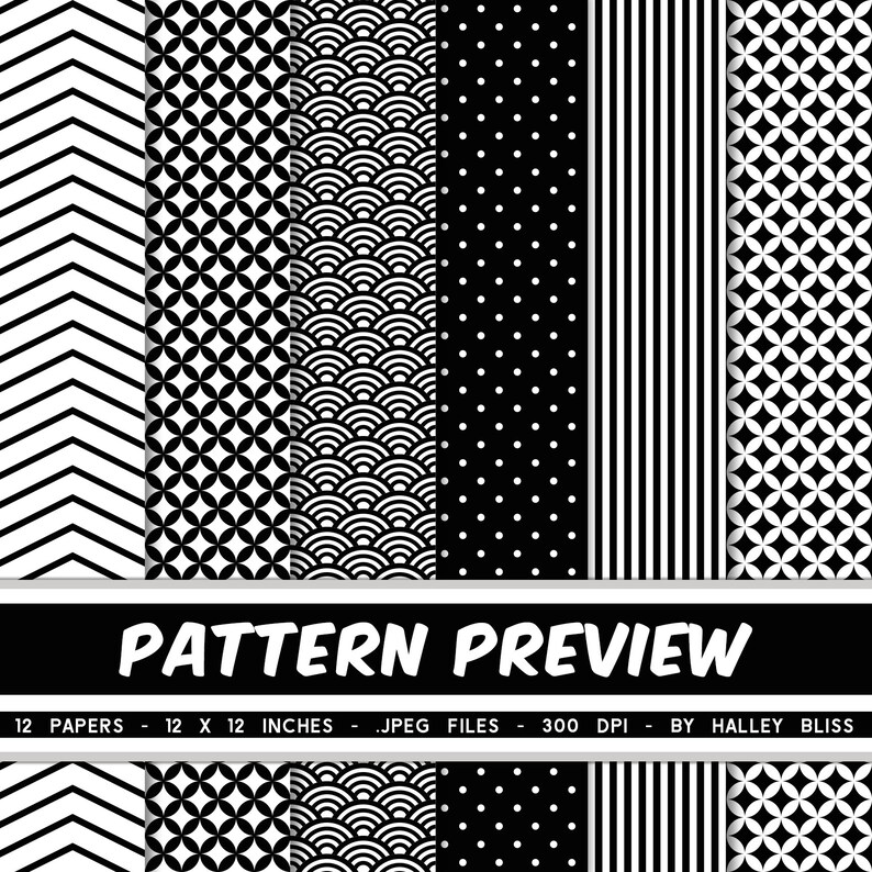 Black and White Digital Paper, Black Digital Pattern Pack, Black Stripe ...