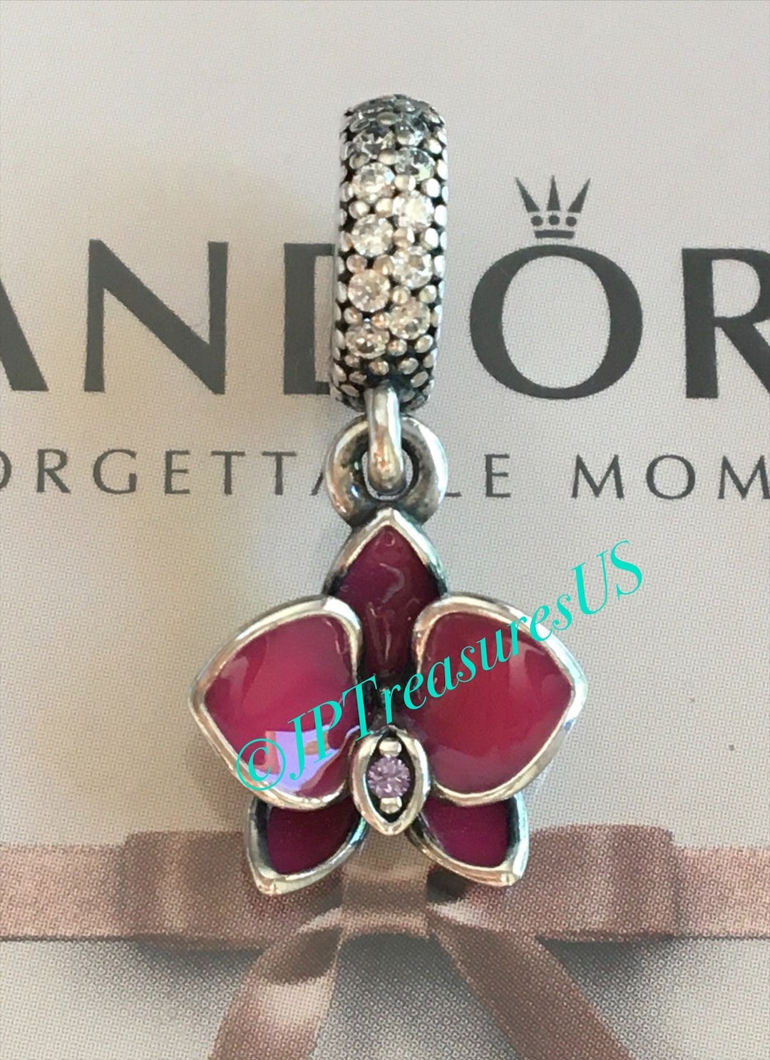 Authentic Pandora Orchid Dangle Charm Enamel and Clear CZ Retired ...