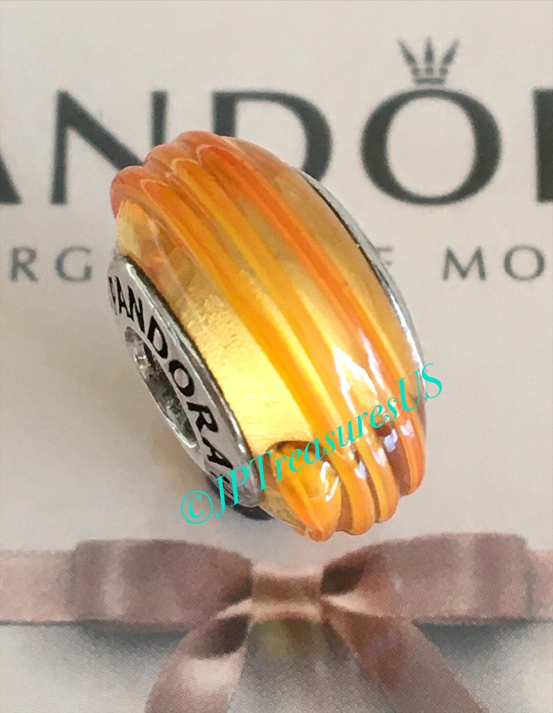 Authentic Pandora Orange Ribbon Murano Glass Charm Retired Pandora ...