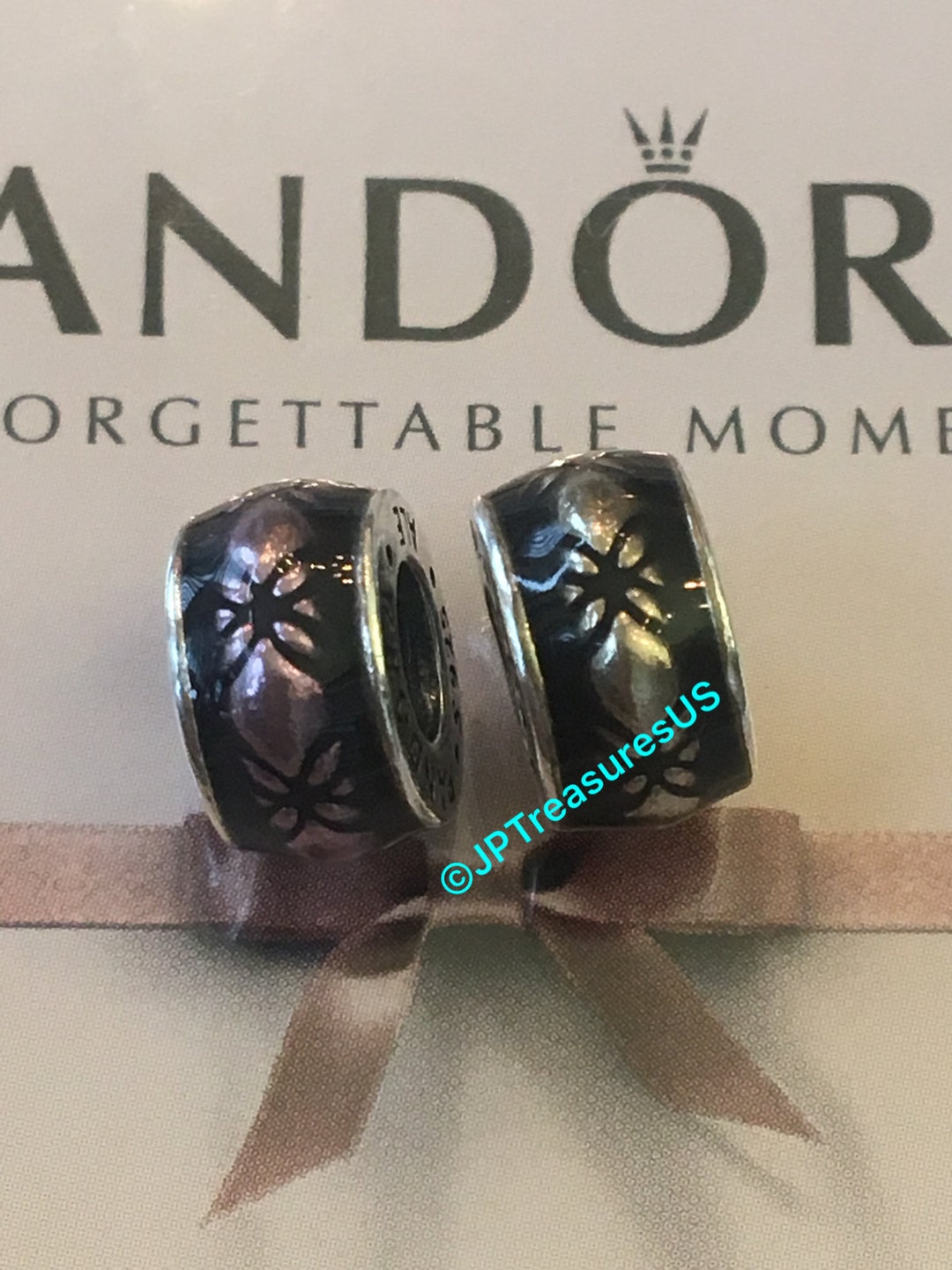 2 Authentic Pandora Vintage Floral Purple and Golden Enamel Spacers ...