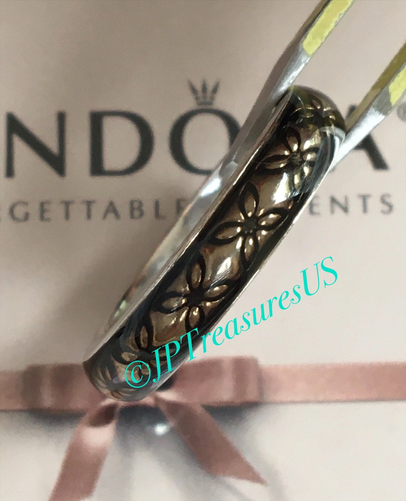Authentic Pandora Floral Vintage Gold Enamel Ring Band Size 58 size 8.5 in US Retired Pandora Ring Band Free Shipping Etsy