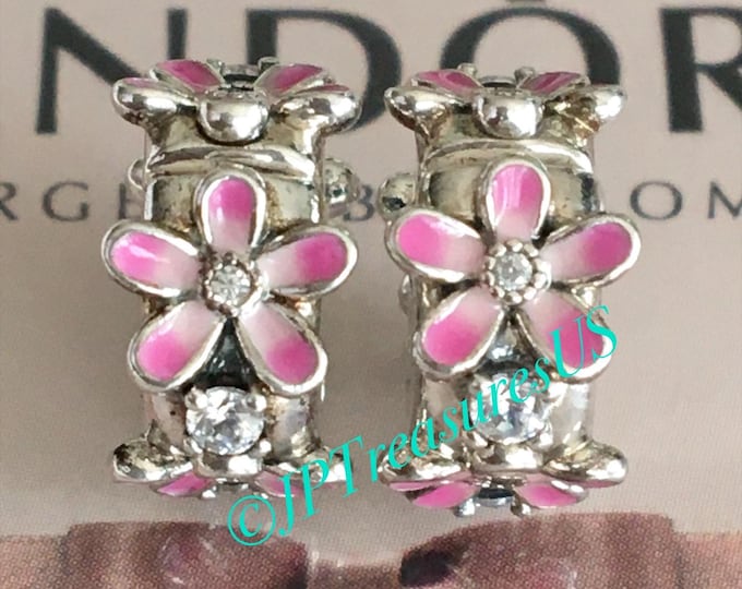 2 Authentic Pandora Pink Daisy Flower Clips Spacers Charms Pink Enamel ...