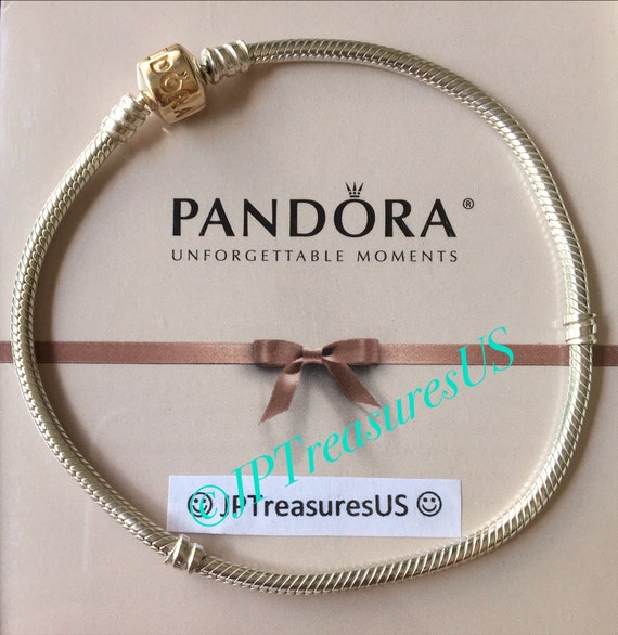Authentic Pandora Bracelet Sterling Silver With 14k Yellow Gold Barrel Clasp 9.1 23 Cm Pandora Free Shipping Etsy