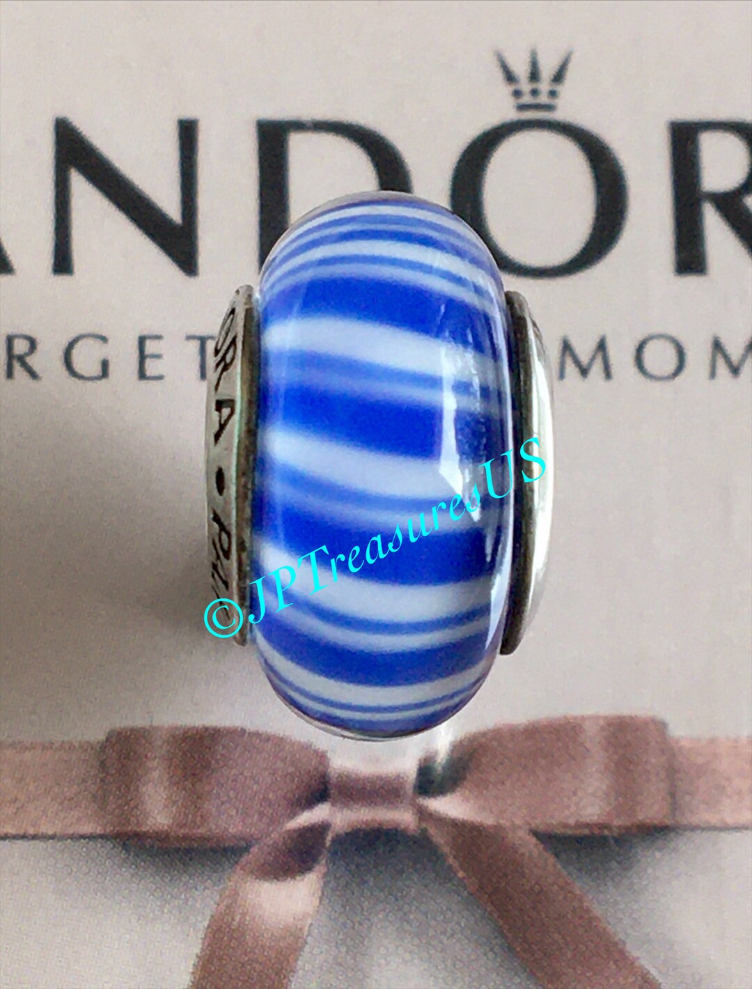 Authentic Pandora Blue Candy Stripes Murano Glass Charm Retired Pandora ...