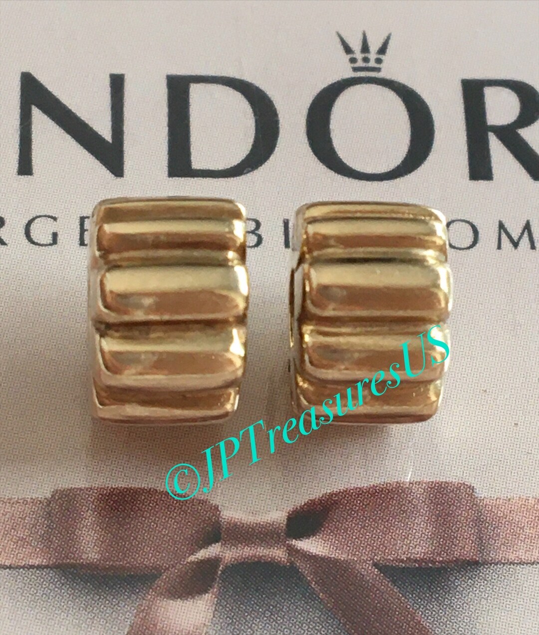 2 Authentic Pandora Ribbed Clips 14k Yellow Gold Pandora Clips Pandora ...