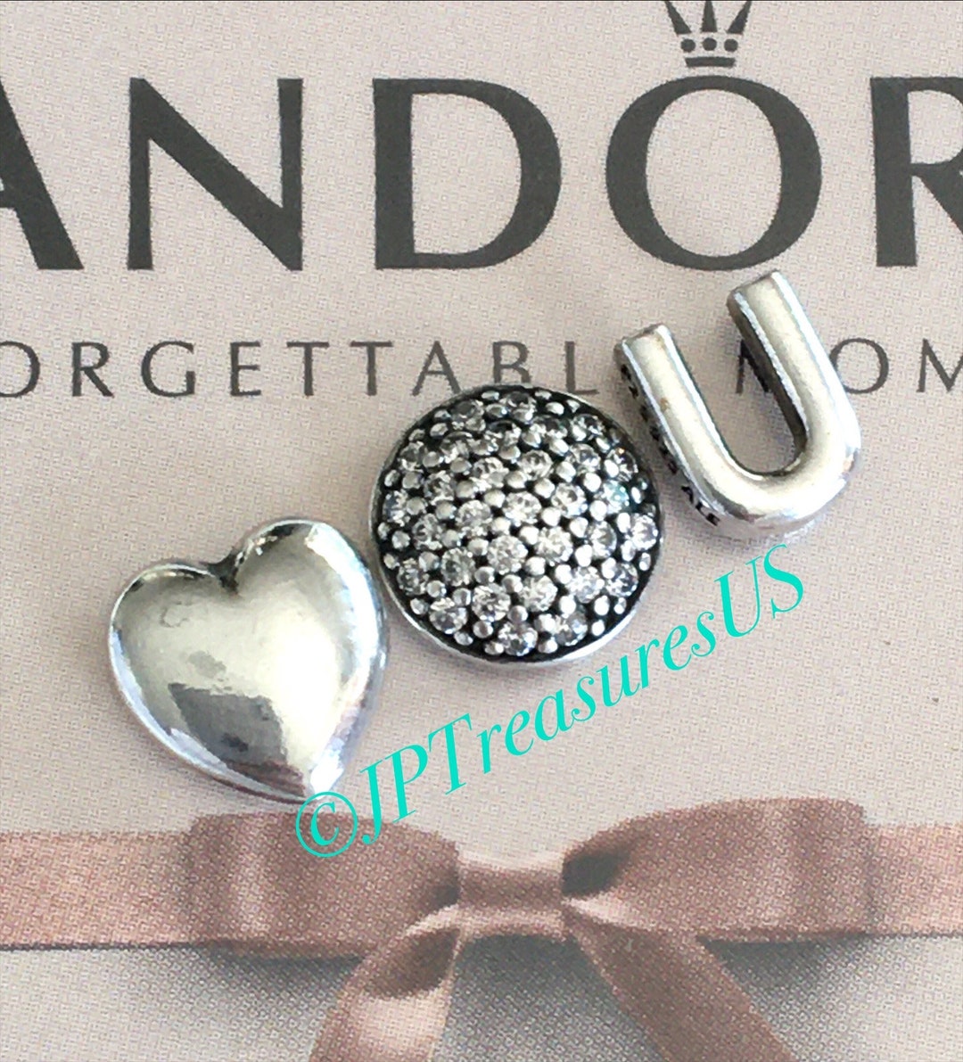 3 Authentic Pandora Petite Locket Charms Letter U Silver Heart and ...