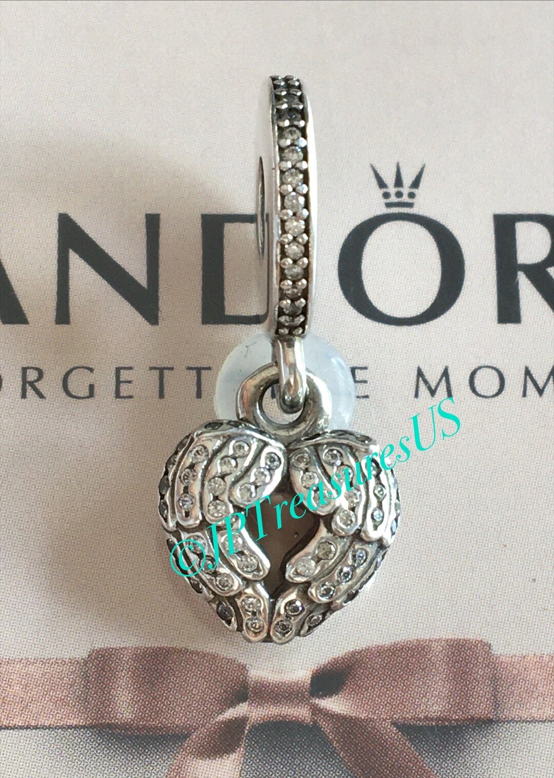 Authentic Pandora Angel Wings Heart Dangle Charm Clear CZ and Enamel ...