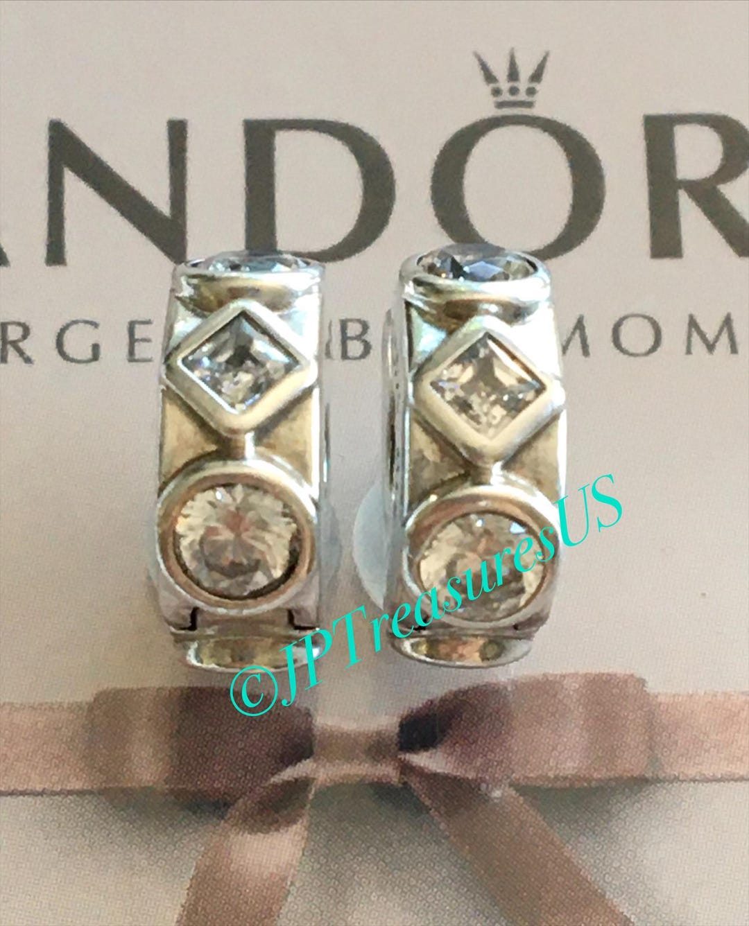 2 Authentic Pandora Geometric Shapes Clips Spacers With Clear CZ ...
