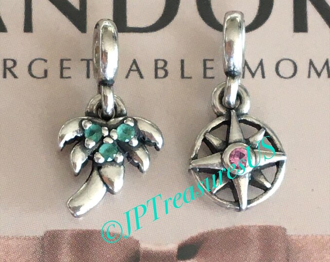 2 Authentic Pandora Me Charms Lot Pandora Palm and Compass Mini Dangles ...