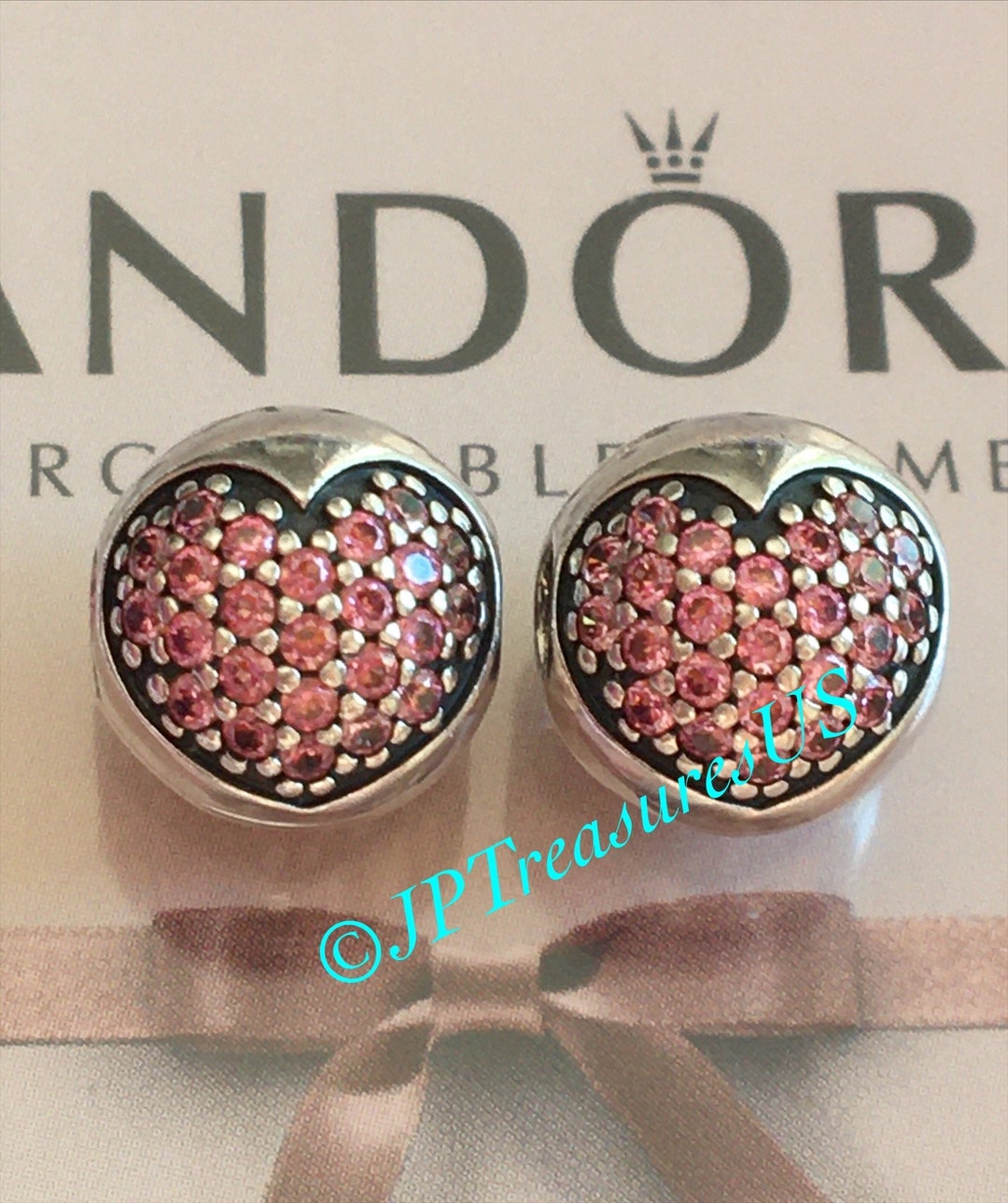 2 Authentic Pandora Sparkling Hearts Clips With Pink CZ Retired Pandora ...