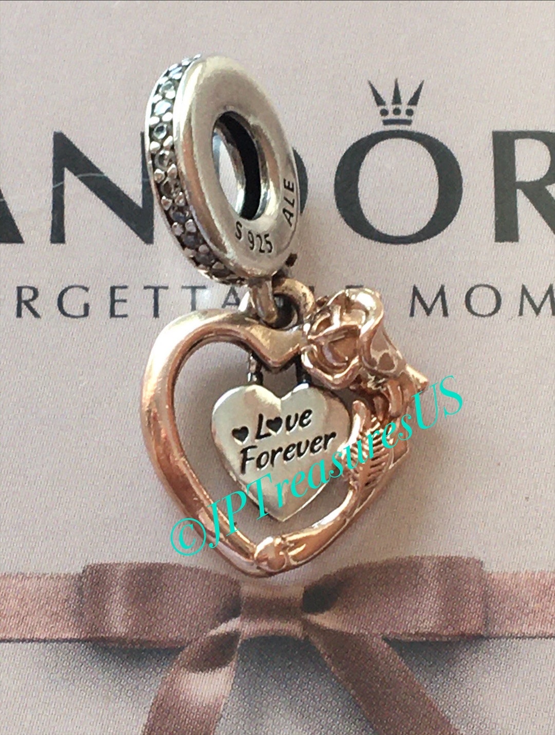 Authentic Pandora Heart and Rose Flower Dangle Charm Pandora Rose Gold ...