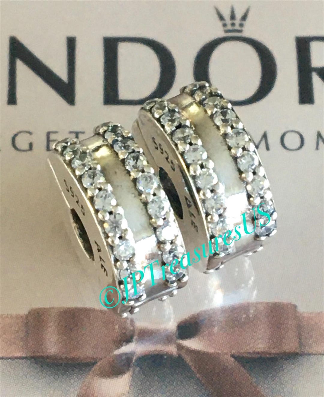 2 Authentic Pandora Lined Pave Clips Spacers With Clear CZ Pandora ...