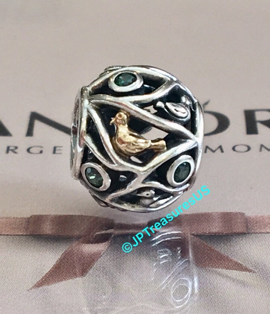 Authentic Pandora Birds of a Feather Charm With Green CZ Charm Two Tone ...