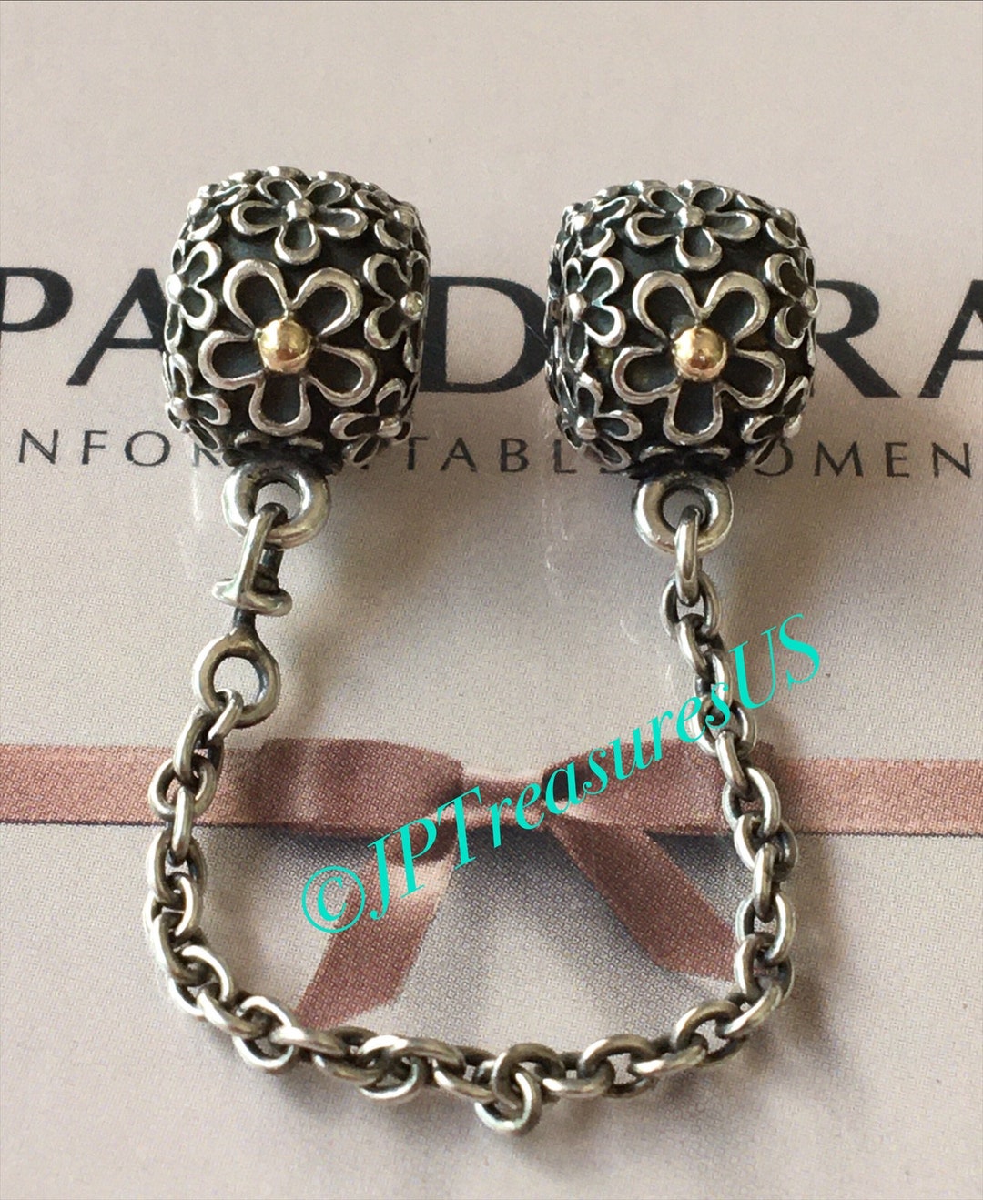 Authentic Pandora Safety Chain Bouquet Two Tone Retired Pandora Charm ...