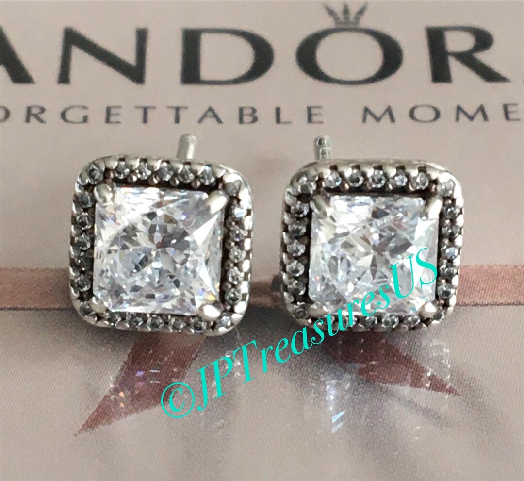 Authentic Pandora Square Sparkle Halo Stud Earrings With Clear CZ ...