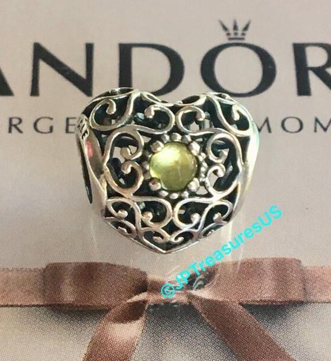 Authentic Pandora August Signature Heart Birthstone Charm Green Peridot ...