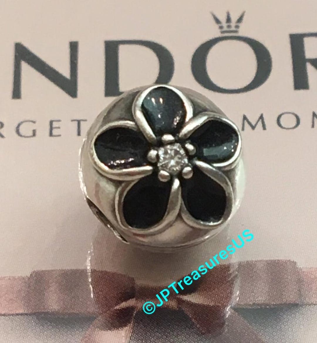 Authentic Pandora Mystic Floral Clip Charm Black Enamel With Clear CZ ...