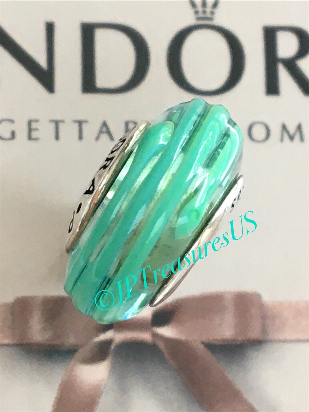 Authentic Pandora Clear and Green Ribbon Murano Glass Charm Retired ...