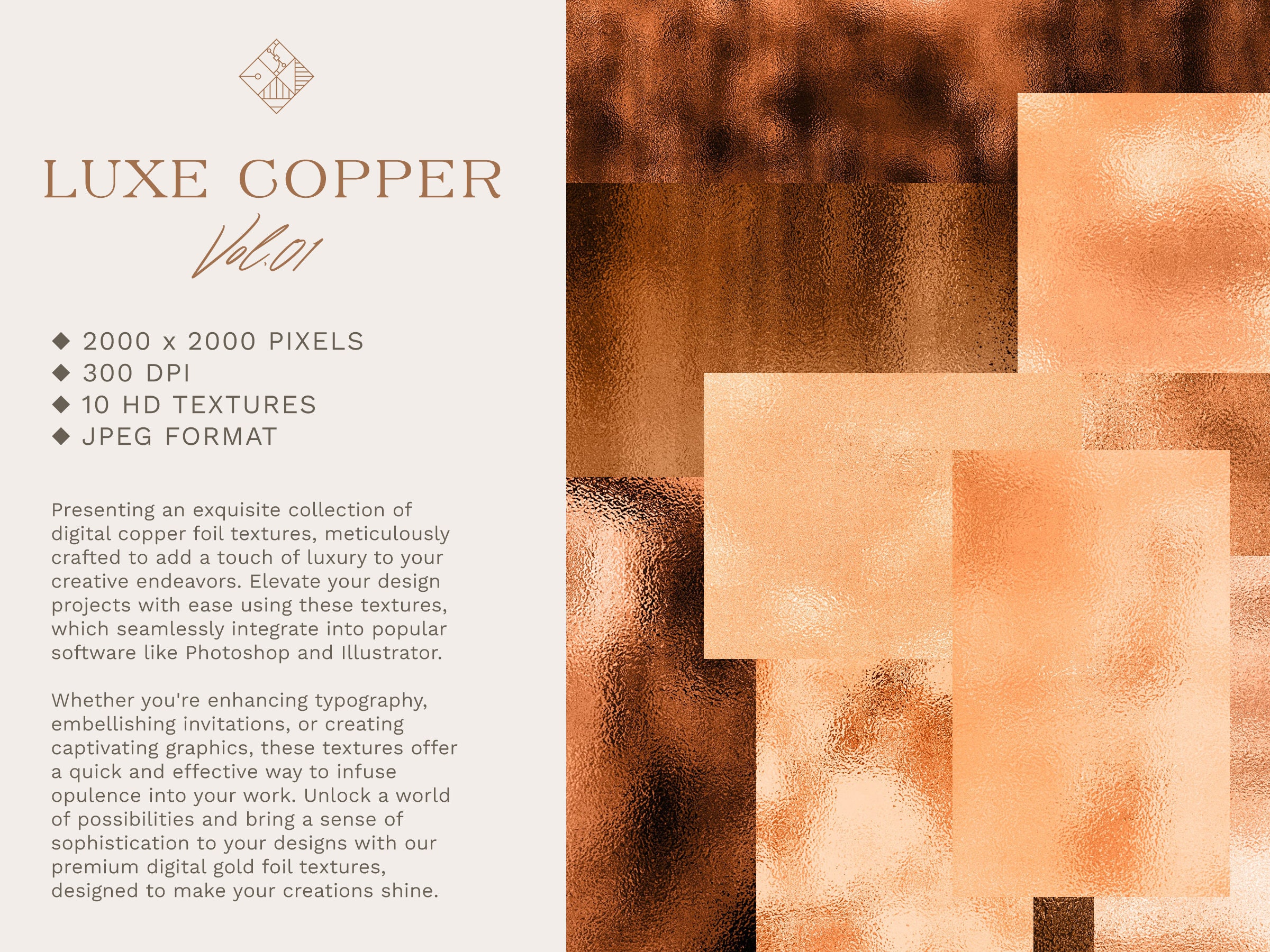 10 Luxe Copper Digital Textures, Copper Foil, Design, Metallic, Digital ...