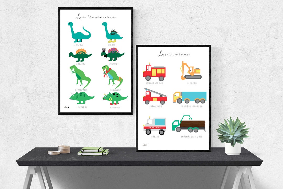 Illustrated Poster for Little Boy or Girl, Trucks and Dinosaurs ...