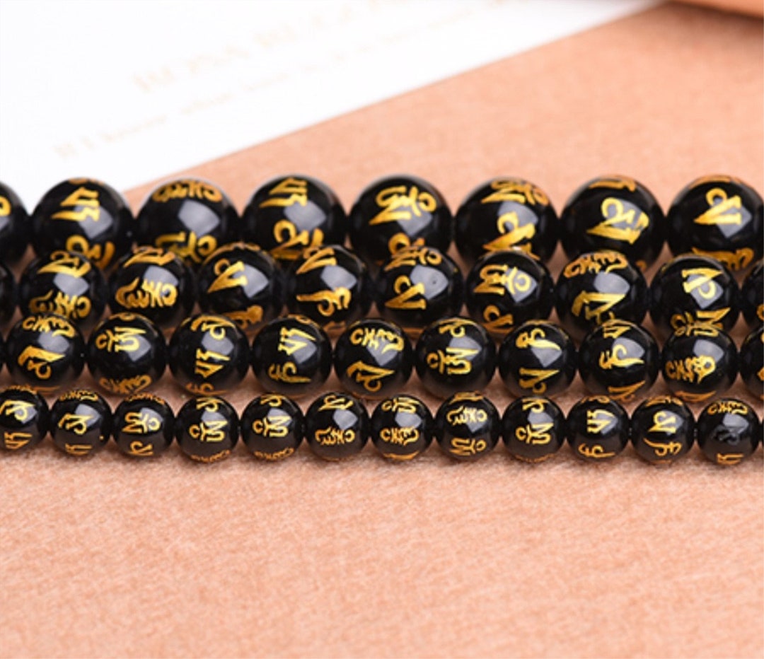 Natural Agate Beadsblack Agate Beads With Gold Mantraround - Etsy