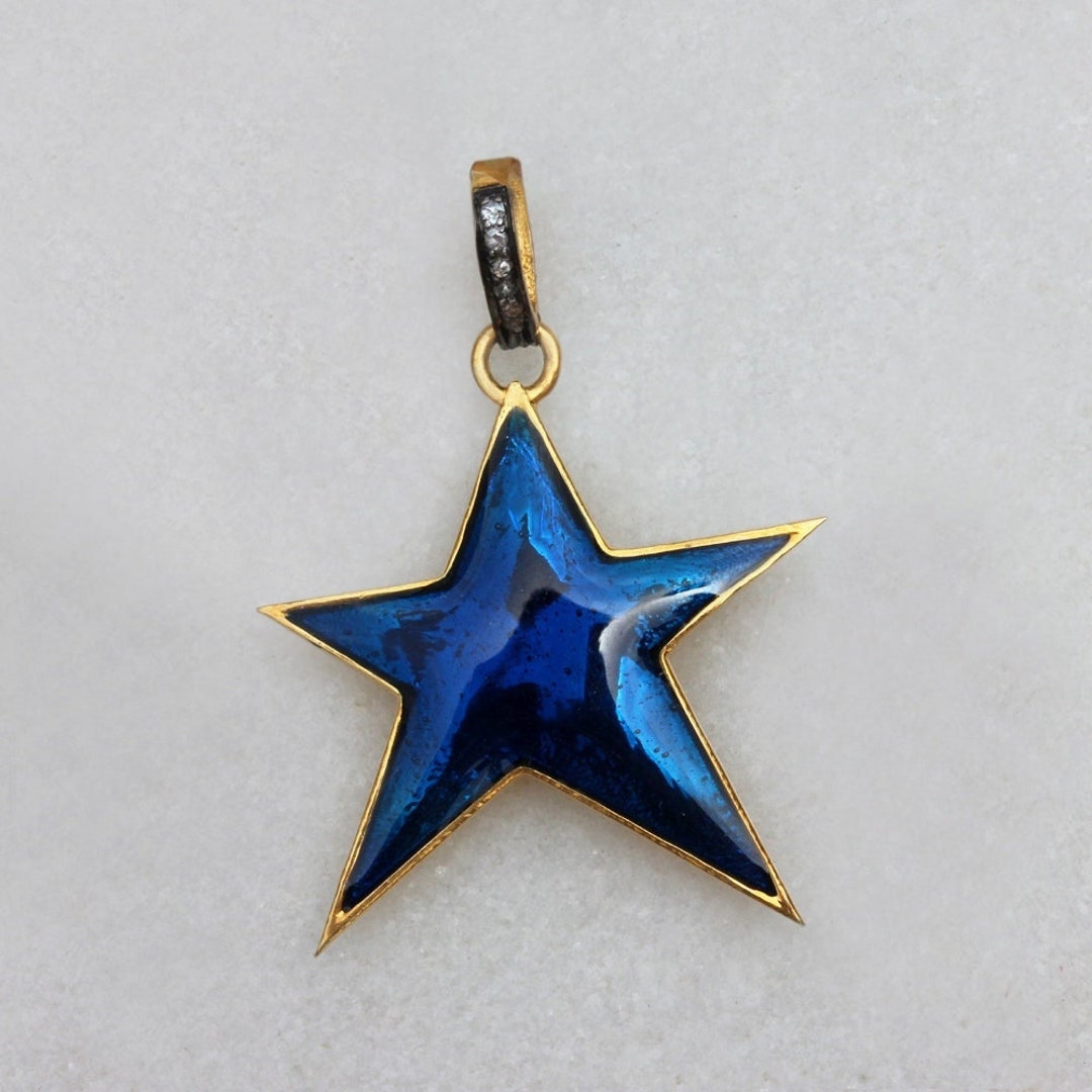 925 Sterling Silver Enamel Star Shape Pendant Solid 14k Yellow Gold ...