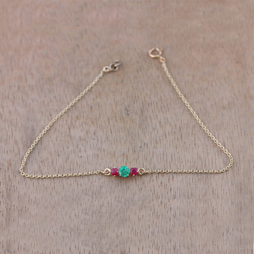 Natural Emerald and Ruby Gemstone Chain Bracelet Solid 18k - Etsy