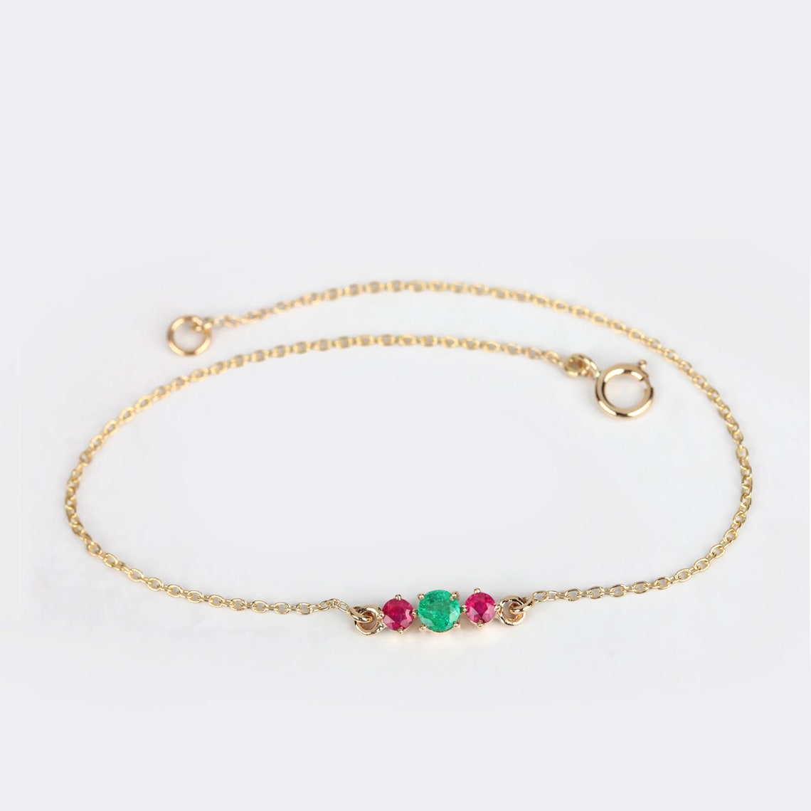 Natural Emerald and Ruby Gemstone Chain Bracelet Solid 18k - Etsy
