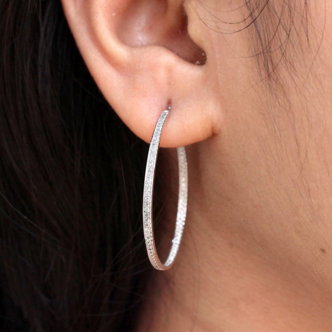 Pendientes de aro grandes de oro blanco sólido de 18 k con - Etsy España