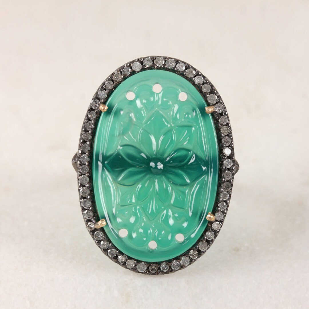 Green Onyx Carving Flower Designer Ring 14k Gold Pave Diamond - Etsy