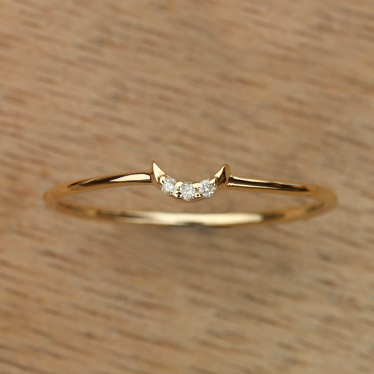 Crescent Moon Ring Three Diamond Moon Ring Solid 14k Yellow - Etsy UK