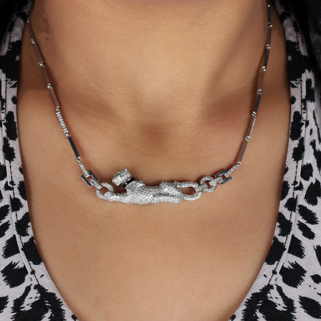Emerald Enamel Diamond Panther 14k Gold and Silver Necklace Handmade ...